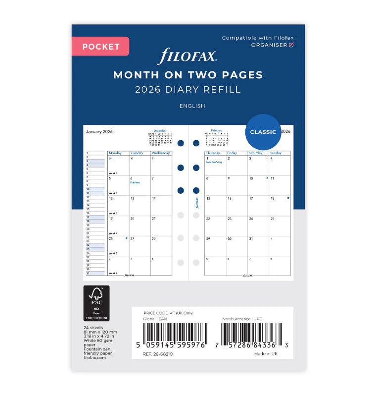Filofax 2026 Pocket Month on Two Pages Refill – Flax Pen to Paper