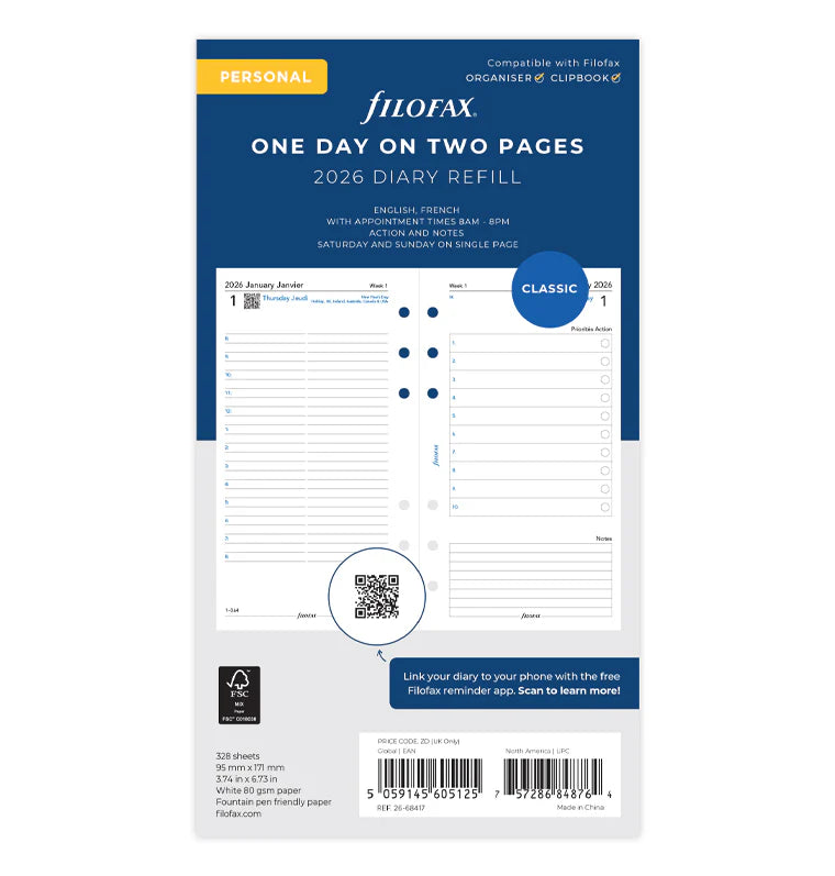 Filofax 2026 Personal One Day on Two Pages Refill – Flax Pen to Paper