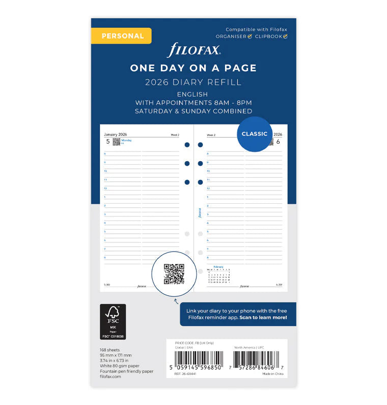 Filofax 2026 Personal One Day on a Page Refill – Flax Pen to Paper