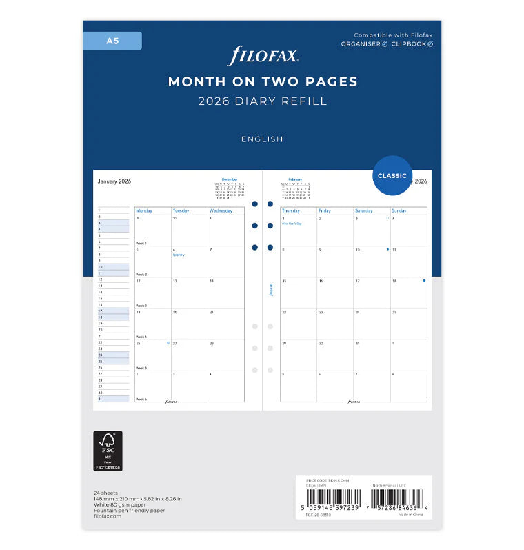 Filofax 2026 A5 Month on Two Pages Refill – Flax Pen to Paper