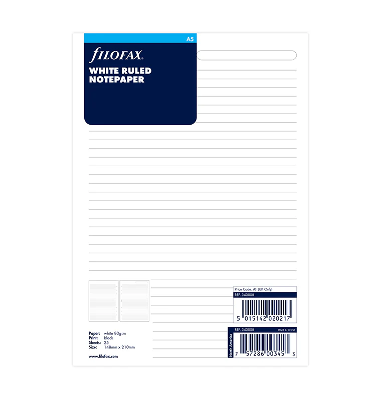 Filofax White Ruled Notepaper Refill - A5 – Flax Pen to Paper